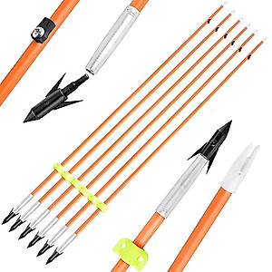 AMEYXGS Bowfishing Arrow Hunting Solid Fiberglas Shaft with Broadheads Tip and Safty Slides for Compound Recurve Bow (Type 1, 6)