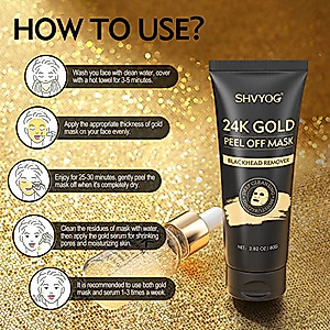 Blackhead Remover Mask, 3-in-1 Peel off Face Mask with 24K Gold Serum & Silicon Brush,24K Gold Facial Mask For Deep Cleansing Blackhead, Whitehead, Pores, Acne, Oil, Peel Mask Black Mask(80g+20ml)