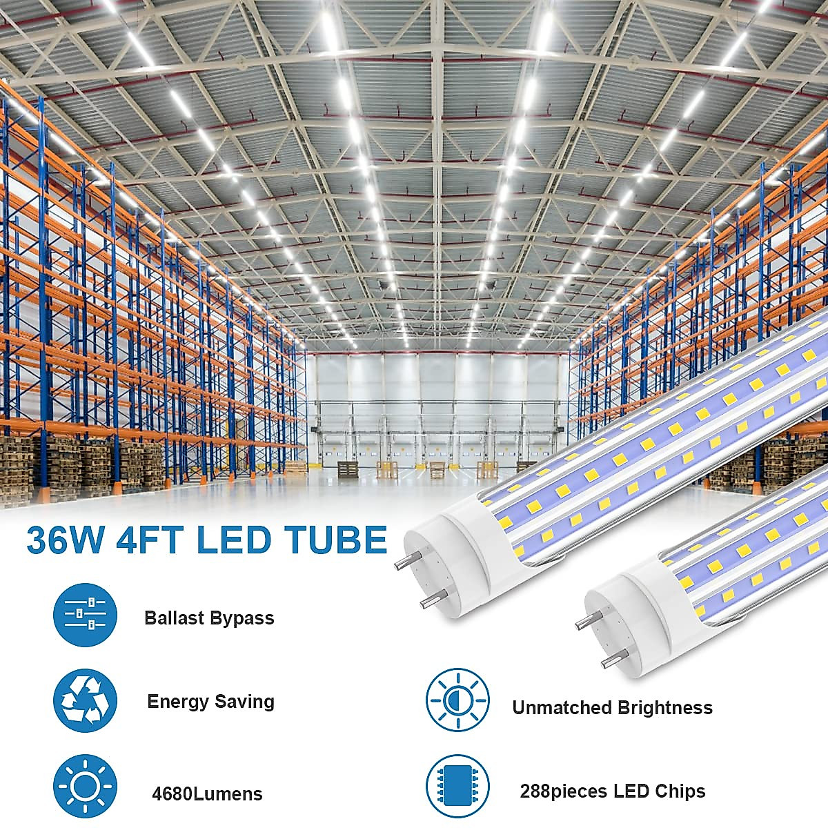 SHOPLED T8 LED Bulbs 4 Foot, 36W 6000K Cool White, Type B LED Tube Lights 4FT, D-Shaped, 4FT LED Bulbs Fluorescent Replacement, Ballast Bypass, 4 Pack