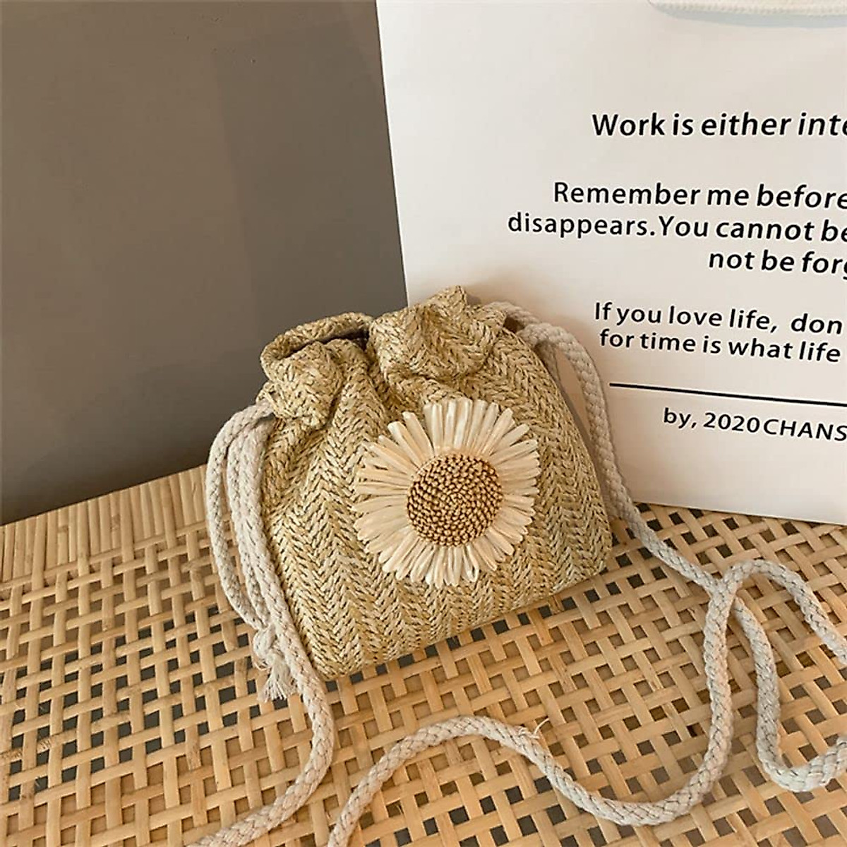 Women Straw Handbag Sunflower Crossbody Bag Mini Drawstring Purse Summer Beach Shoulder Bag Handmade Casual Bucket Tote Bag (khaki)
