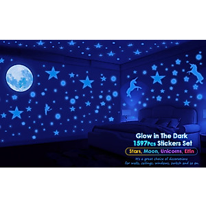 Glow Stickers in The Dark Stars Moon Elfin Unicorns Dots 1597 PCS Set Self-Adhesive Glow in The Dark Stickers for Room Ceiling Wall Decals Kids Party Decoration