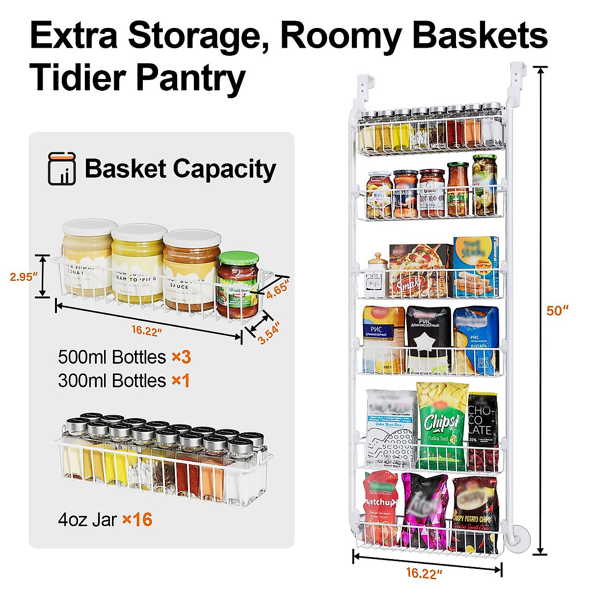 Delamu Over the Door Pantry Organizer, 6-Tier Pantry Organizers and Storage, Metal Cabinet Door Organizer, Hanging Spice Rack Shelves for Home & Kitchen, D5 x W18 x H50 inch, White