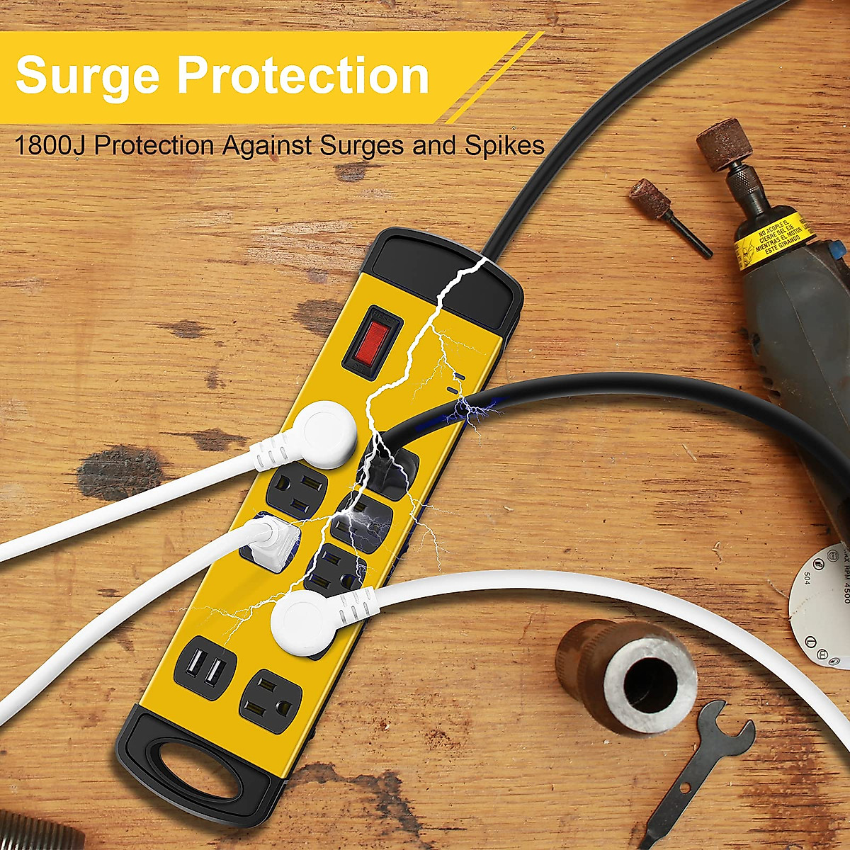 Heavy Duty Surge Protector with USB,8 Outlets Metal Power Strip,Heavy Duty Power Strip with 6ft Cord,1800 Joules,15A Circuit Breaker,Wall Mount,Workshop,Garage Extension Cord