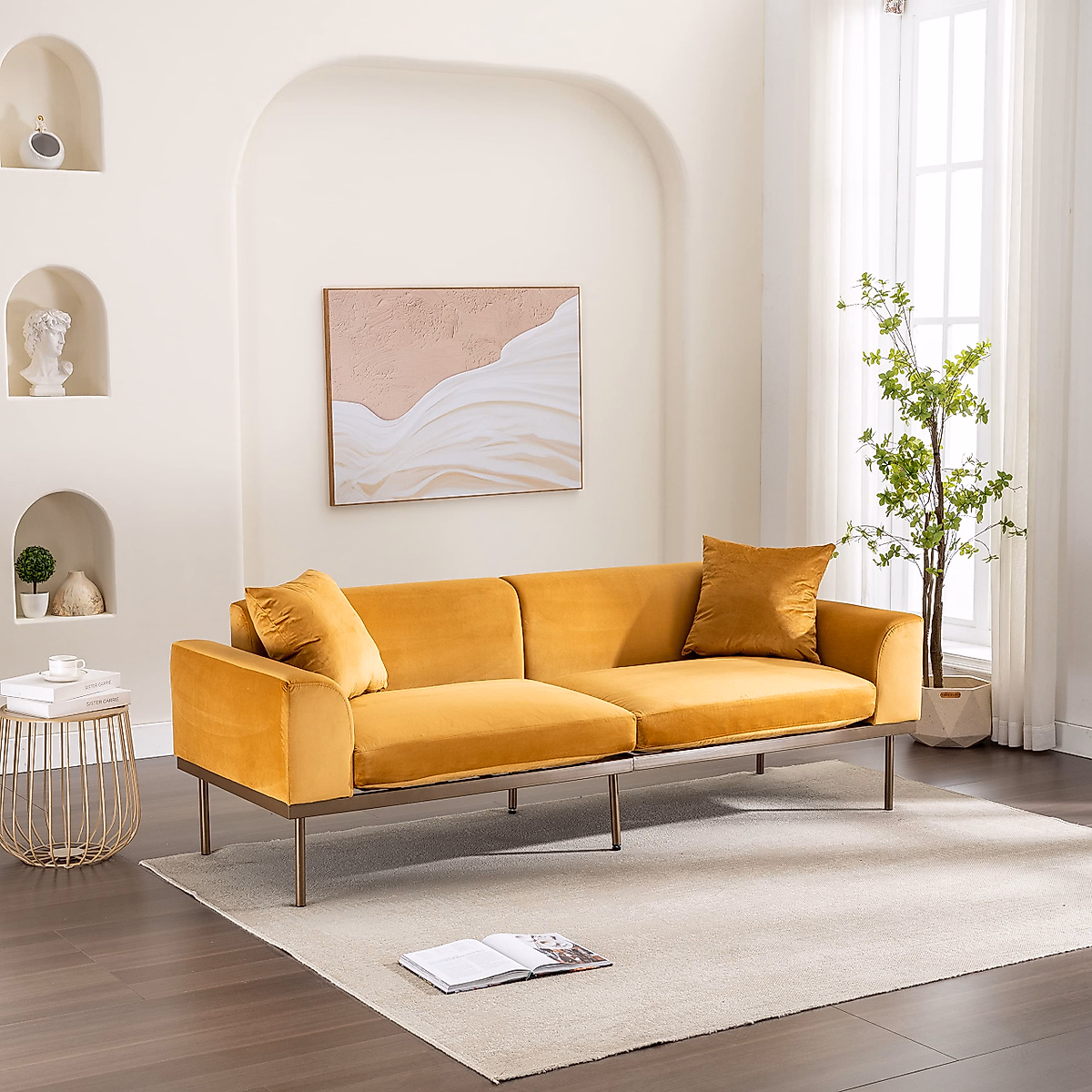 Merax 83” Mid Century Loveseat Sofa for Living Room,Velvet Small Couch Furniture with Two Pillows Metal Frame Love Seats, Mustard