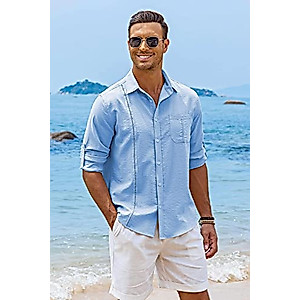 COOFANDY Mens Shirts Long Sleeve Cuban Camp Guayabera Shirt Linen Beach Button Down Shirts Light Blue