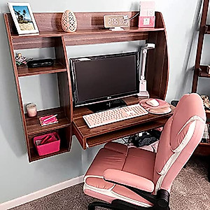 Mind Reader Wall Mounted Floating Wood Desk Table with Storage Shelves and Cable Management, Space Saving Computer Shelf, Office, Brown