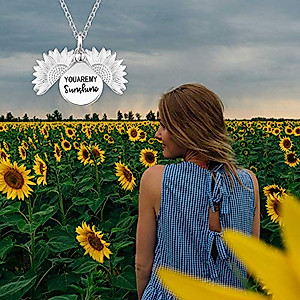 Jinlou You are My Sunshine Stamped Sunflower necklace Locket 925 Sterling Silver Pendant Necklace for Women Teen (silver Sunflower necklace)