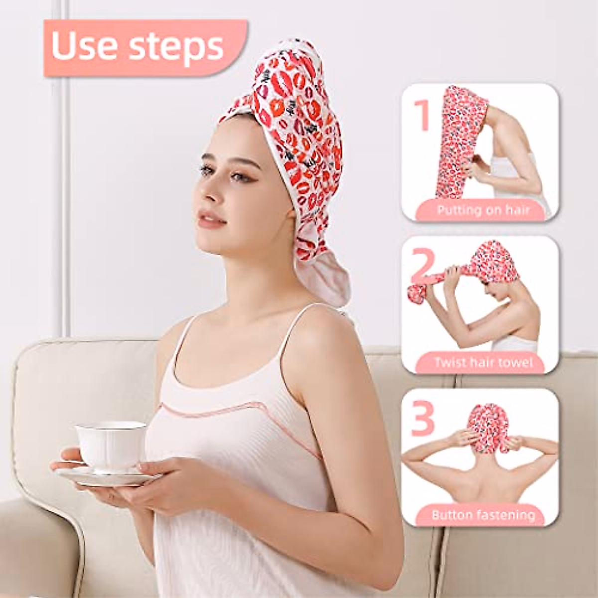 AIKAOS Microfiber Hair Towel Wrap for Women,Dries Hair 50% Faster,2 Button-Loop Closure,Children Set Absorbent Quick Dry Twisty Anti Frizz Towel for Curly,Long,Thick Hair((Lips))