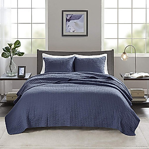 Madison Park Keaton Quilt Set-Casual Channel Stitching Design All Season, Lightweight Coverlet Bedspread Bedding, Shams, King/Cal King(104"x94"), Stripe Navy, 3 Piece