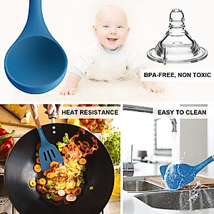 MIBOTE 17 Pcs Silicone Cooking Kitchen Utensils Set with Holder, Wooden Handles BPA Free Silicone Turner Tongs Spatula Spoon Kitchen Gadgets Utensil Set for Nonstick Cookware (Blue)