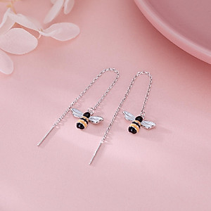 SLUYNZ 925 Sterling Silver Bumble Bee Dangle Earrings for Women Teens Threader Earrings Chain (Silver)