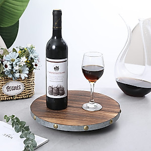 MyGift Round Rotating Serving Tray, Rustic Burnt Solid Wood and Galvanized Metal Lazy Susan Turntable with Brass Tone Studs