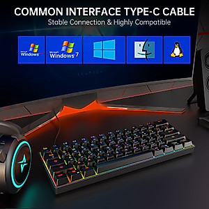 targeal 60% Mechanical Gaming Keyboard - 61 Keys Gateron Red Switch Quiet Office Computer Keyboard - Multi Color RGB Rainbow Led Backlit - Programmable for PC/Windows/Mac/Gamer - USB Wired - Black