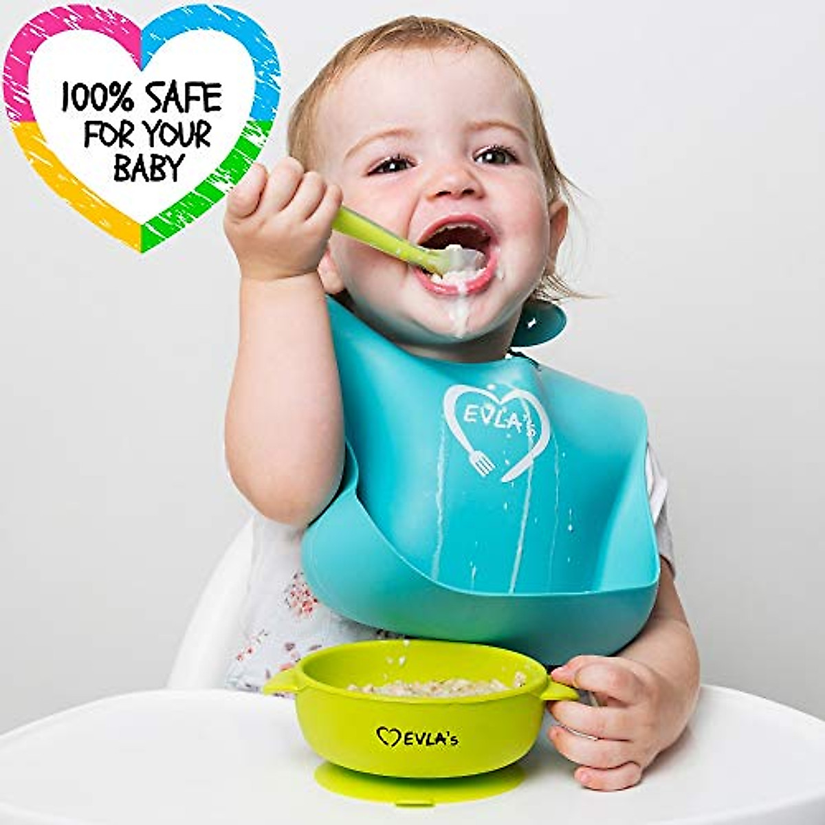 EVLA'S Baby Feeding Set, Baby Led Weaning Supplies, Adjustable Silicone Bibs, Divided Plate, Suction Bowl with Lid, Soft Spoons for Babies or Toddlers, Baby Registry must have!