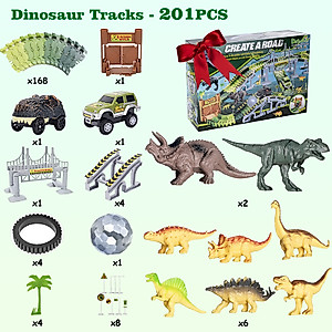 Dinosaur Toys, Create A Dinosaur World Road Race Glow in The Dark Car Race Cars for Boys & Girls Ages 3 4 5 6 7, Flexible Train Tracks Set with for Kids Christmas Birthday Gifts