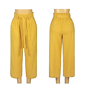ECOWISH Palazzo Pants for Women: Wide Leg Flowy Polka Dot Work Pants Pockets High Waist Business Belt Striped Trousers Loose Yellow Medium