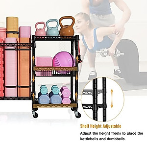 FUTASSI Home Gym Storage, Rolling Yoga Mat Storage and Organizer, Sports Equipment Storage Rack for Yoga Mats, Dumbbells, Kettlebells, Foam Rollers, Resistance Bands, 11.8"D x 36"W x 32.5"H, Black