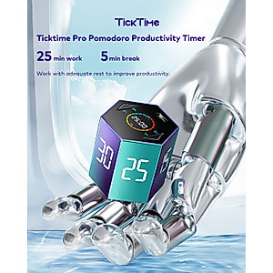 Ticktime Pomodoro Timer Clock, Productivity Timer Cube, ADHD Timer, Pause & Resume, Silent, Vibrate & Adjustable Sound Alert, for Work, Study, 5/15/25/30/45/60min & Custom Countdown, Purple
