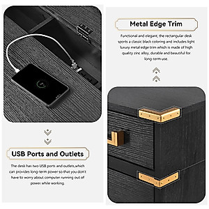 Quarte 70" Executive Desk with Metal Edge Trim, 2 File Drawers,USB Ports and Outlets,Classic Writing Desk with Hidden Compartment for Living Room,Home Office,Study Room (Black+Gold)