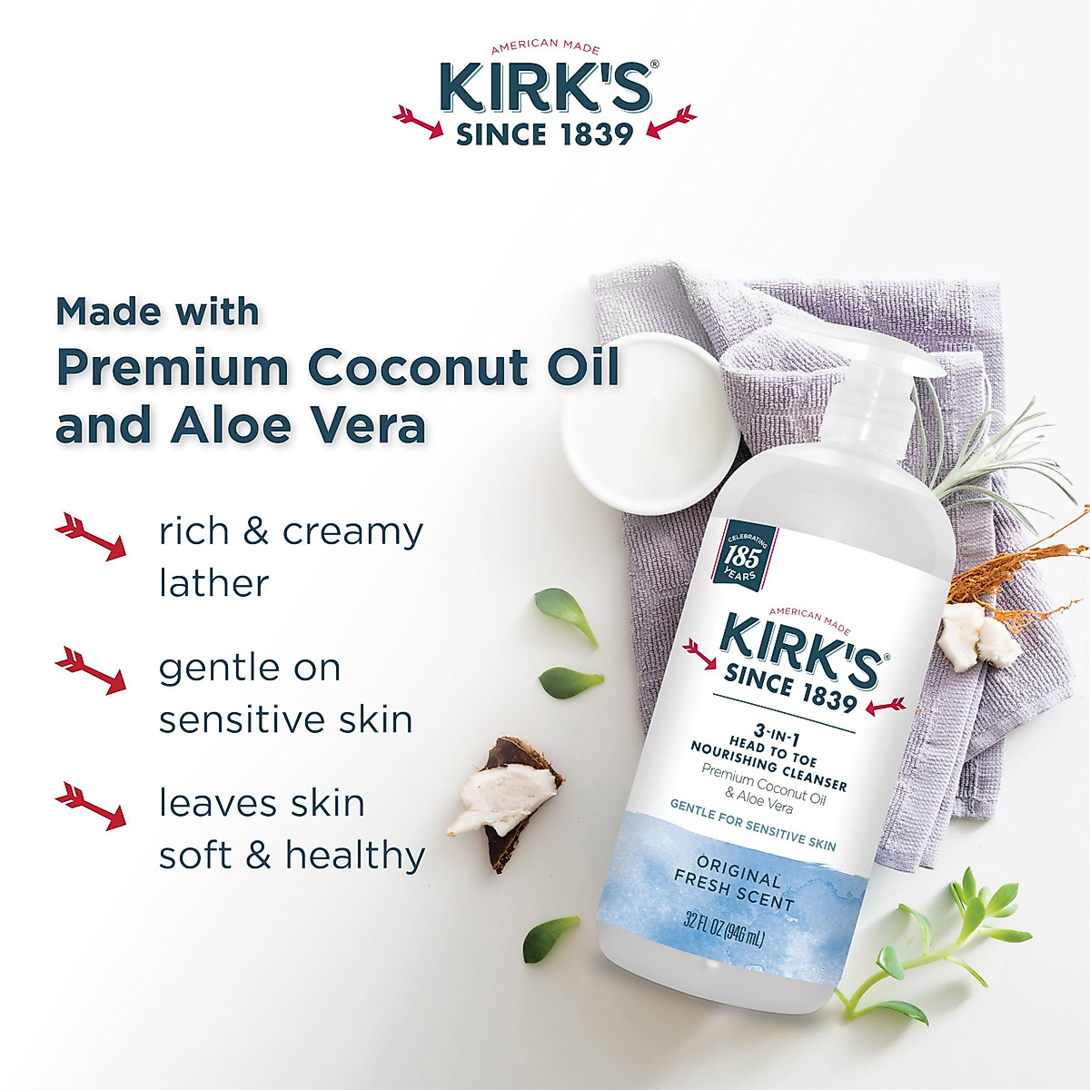 Kirk's 3-in-1 Head to Toe Nourishing Liquid Cleanser- for Men, Women & Children - Premium Coconut Oil & Aloe Vera- Non GMO & Vegan -Original Fresh Scent - 32 Fl Oz