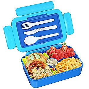 Bento Lunch Box for Kids, 4 Compartment Lunch Boxes Kids, Cutlery Storage Built-in Utensil Set, Leak-proof, Thicken, Microwave/Dishwasher/Freezer Safe, BPA-Free, Blue