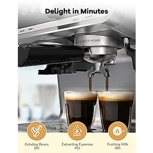 SPORTY&FIT Semi-Automatic Espresso Machine With Grinder, 20 Bar Espresso Maker Coffee Machine Cappuccino Machine with Milk Frother & 95oz Removable Water Tank for Home Office (Light Grey)