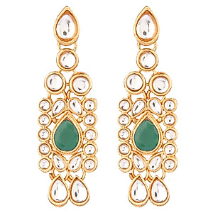 Efulgenz Kundan Necklace Set Indian Kundan Jewelry Sets for Women Green Indian Jewelry Kundan Crystal Choker Necklace Dangle Earrings Maang Tikka Bollywood Wedding Choker Necklace for Women