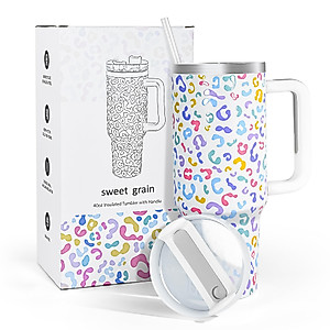 sweet grain 40 oz Tumbler with Handle and Straw, Keeps Drinks Cold Up to 24 Hours Leopard Tumbler, Stainless Steel Vacuum Insulated Travel Mugs for Water, Iced Tea or Coffee