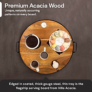 Villa Acacia 18 Inch Round Serving Tray, Solid Wood with Metal Band and Handles