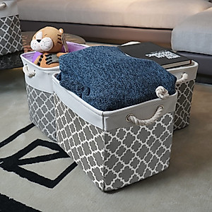 Cozyaver Storage Baskets for Shelves, 13'' x 13'' x 13'' Cube Organizing Closet Nursery Toy Decorative Linen Fabric Organizers with Cotton Handles, 3 Pack Grey Clover