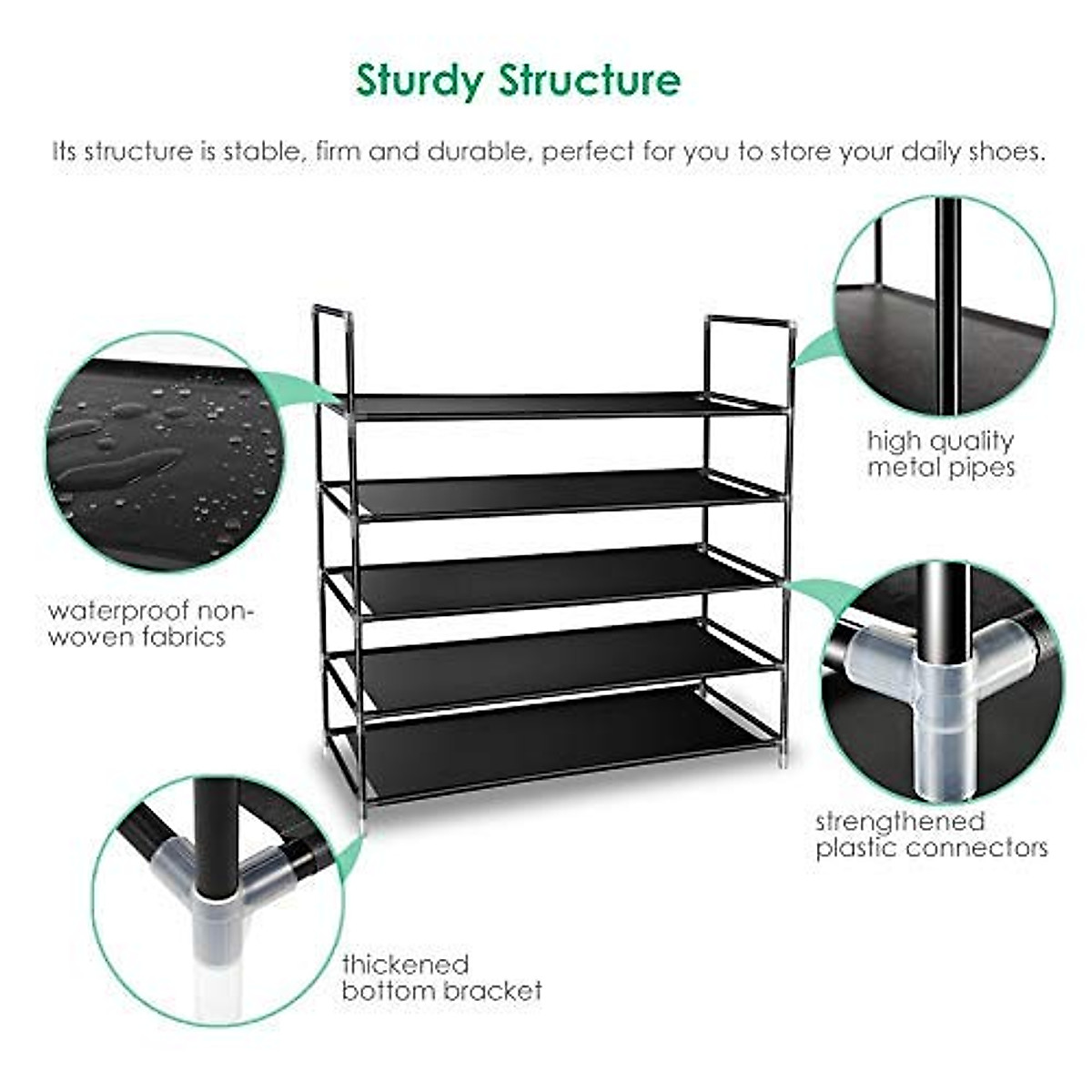 5 Tiers Shoe Rack Space Saving Shoe Storage Organizer Shoe Tower Cabinet Stackable Shelves 39.75 L x 11.13 W x 38.5 H InchesHolds 20-25 Pairs (Black)