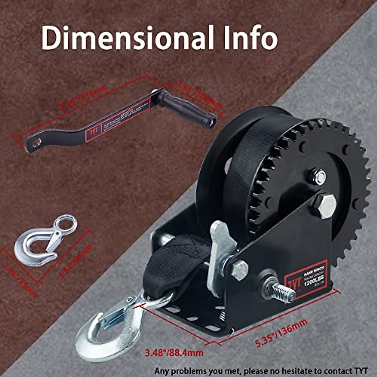 TYT 1200LB Boat Trailer Strap Winch with 8M Black Rope, Standard Mounting Hole Crank Hand Winch with Hook, Two Way Ratchet Manual Gear Winch for Towing Pulling Boat Trailer Truck RV ATV Jet Ski Winch