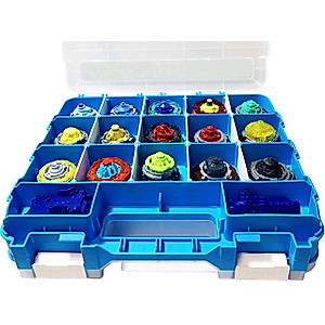 HOME4 Double Sided No BPA Toy Display Storage Container Box - Compatible with Mini Toys, Small Dolls, Tools Beyblade - Heavy Duty Organizer Carrying Case - 34 Adjustable Compartments (Blue)