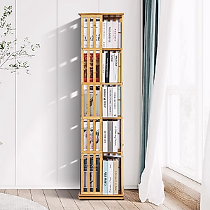 SFIHOME 5-Tier Rotating Bookshelf Tower, 360° Tall Floor Standing Bookcase Book Shelf, Bamboo Narrow Bookshelves Storage Display Rack Shelves for Corner, Living Room, Office, Natural