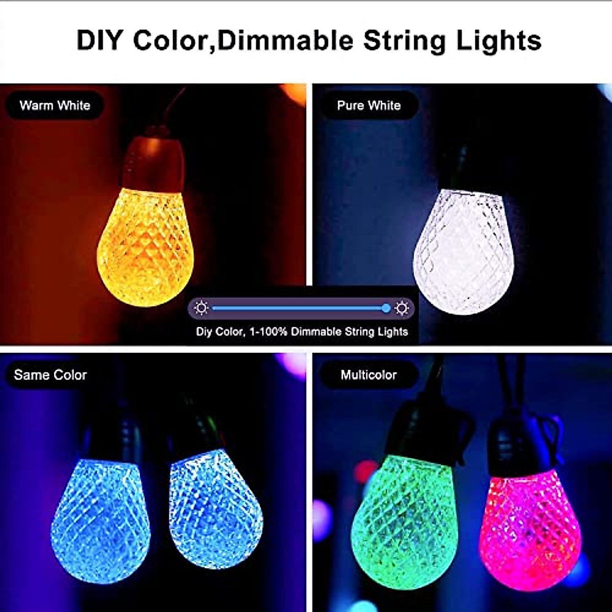 Gaoxun 49ft Outdoor String Lights, Smart RGBW Patio Lights with 15 Dimmable IP66 Waterproof Bulbs, APP and Remote Control, 8 Dynamic Modes, Color Changing LED Lights for Party Backyard Balcony Garden