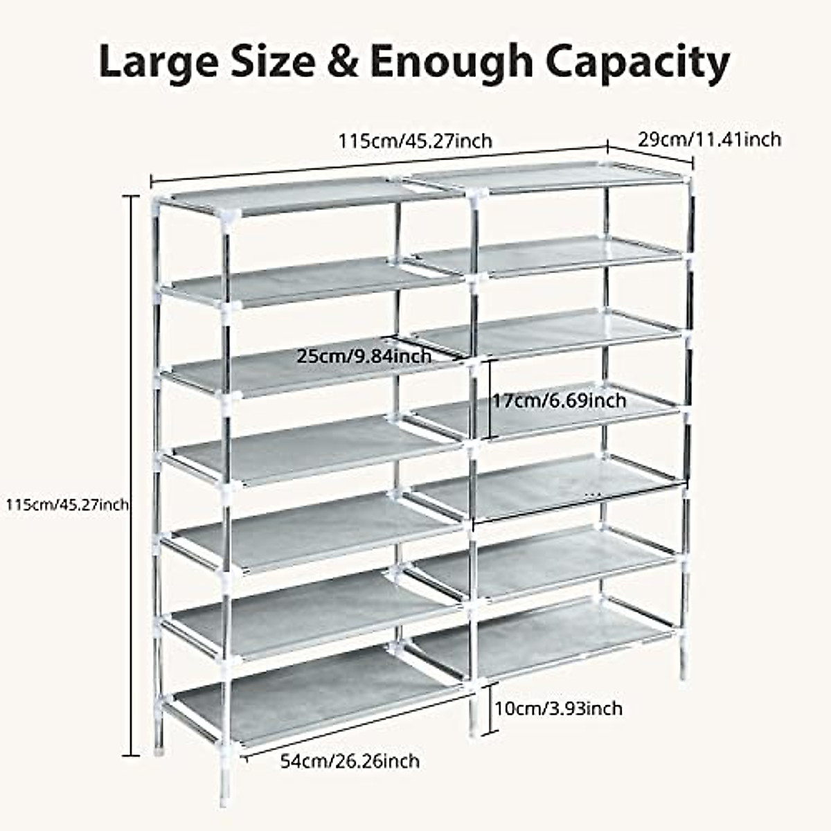 aceyoon 7-Tier Shoe Rack, 30 Pairs of Shoes Double Row Shoe Storage Organizer, Easy Assembly with Nonwoven Fabric Cover Shoe Cabinet for High Heels Boots Mens Shoes 45 x 45 x 11.4 inch (Gray)