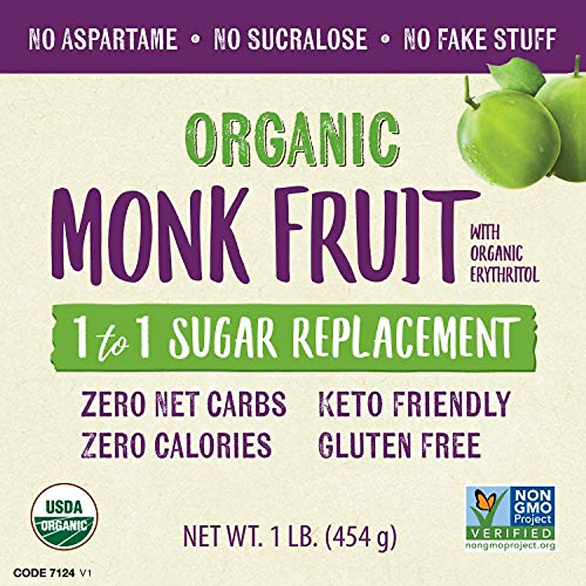 NOW Foods, Organic Monk Fruit With Erythritol Powder, 1 to 1 Sugar Replacement, 1-Pound