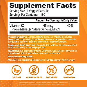 Doctor's Best Natural Vitamin K2 Mk-7 Capsule , Supports Bone Health & Soft Tissue Elasticity, 180 Ct