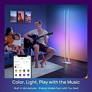 mujoy 60" RGBWW Corner Floor Lamp with Rotatable 2-Light Bar, Modern Floor Lamp Work with Alexa & Google Assistant, WiFi APP, Music Sync, 20 Scene, Ambiance Standing Lamp for Living Room, Gaming Room