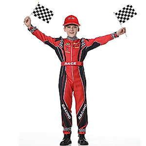 Treyrea Race Car Driver Costume Boys Racer Jumpsuit With Car Cap Kids Dress Up for Halloween (Red and Black, L(for height 54"-57"))