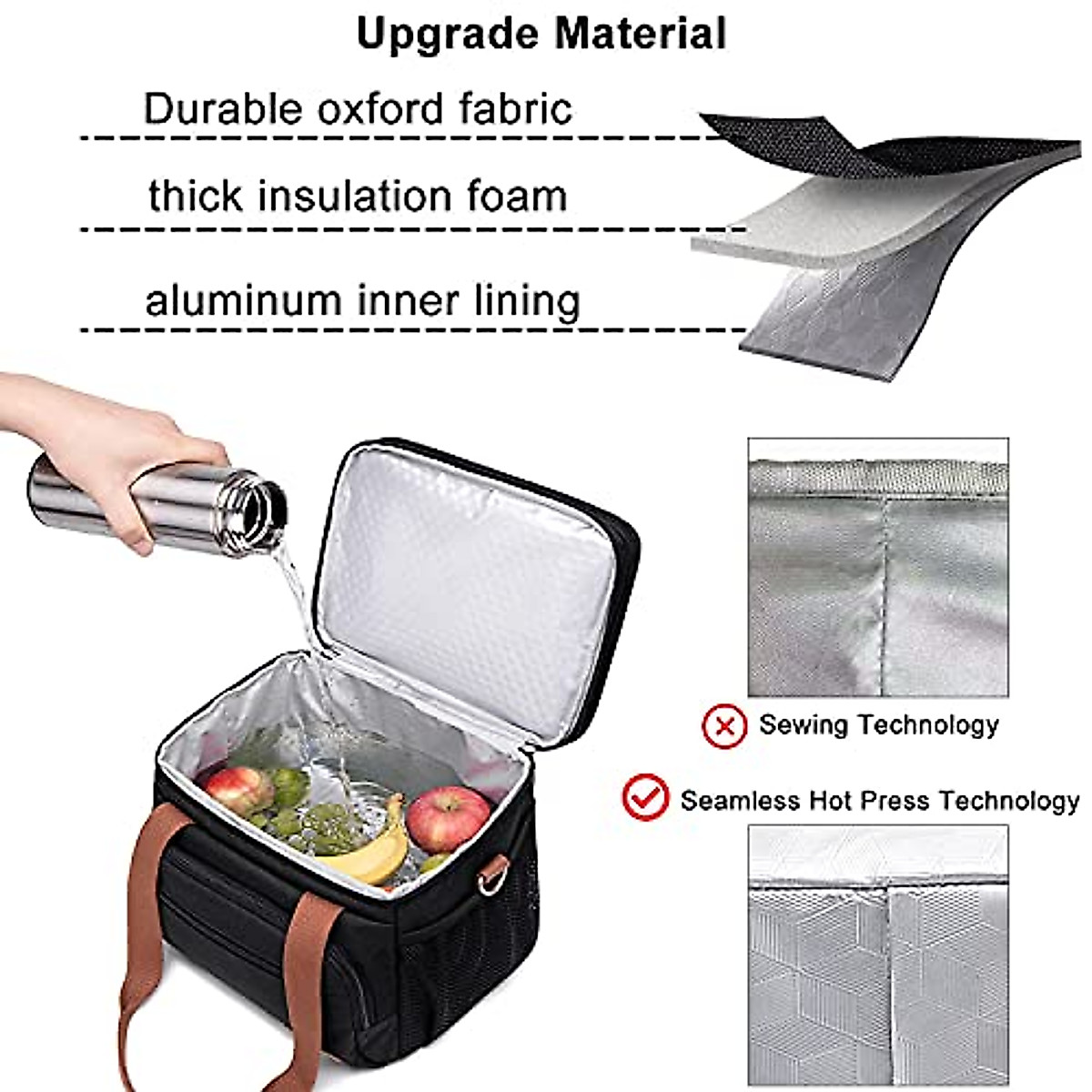 Weitars Lunch Bag For Women Men-Dual Compartment Large Lunch Box For Men Adult Lunch Box For Nurse Office Working Picnic Hiking (15L, Black/kahki)