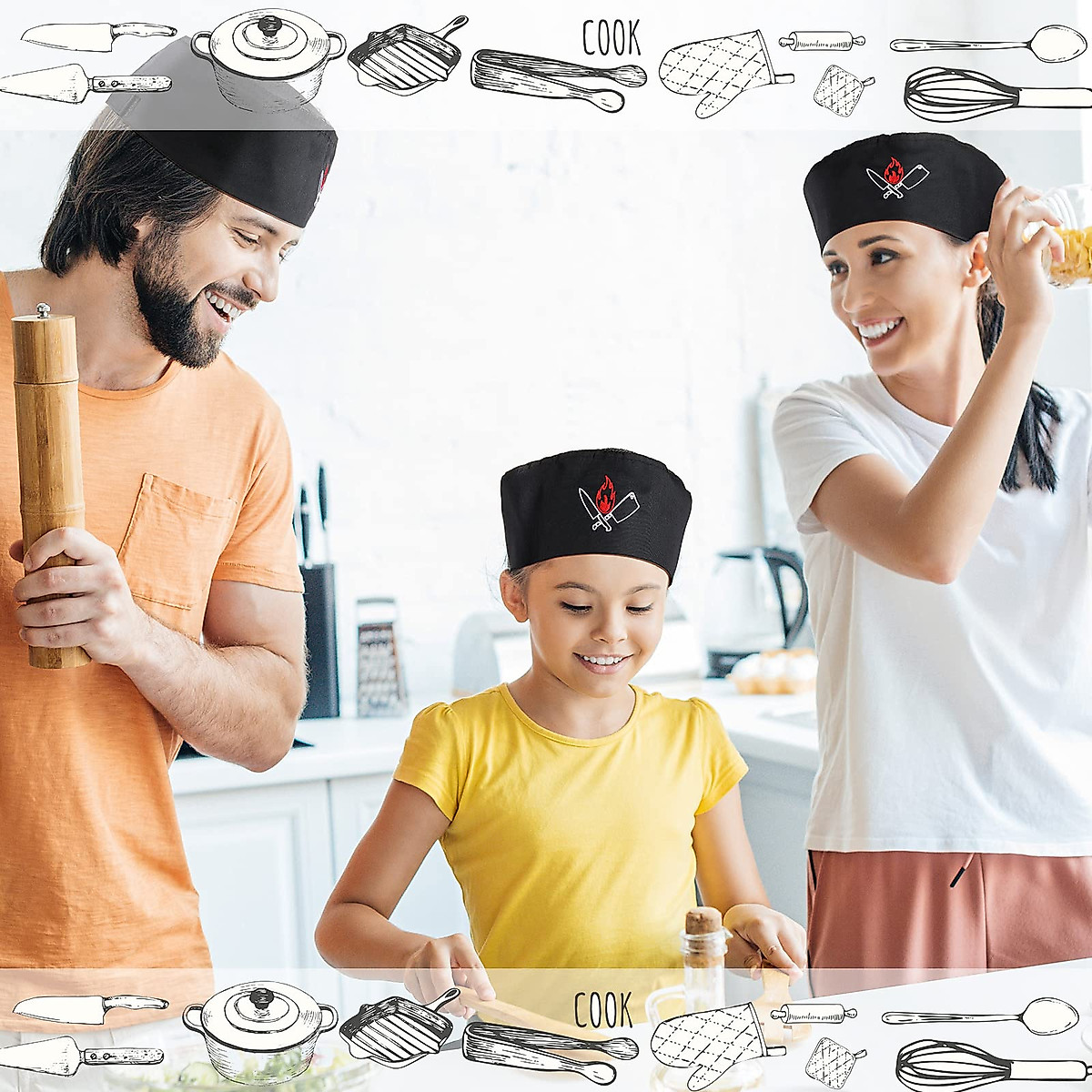 4 Pieces Unisex Chef Hat Mesh Top Skull Hat Fabric Chef Hat Kitchen Cooking Beanie Hat Elastic Food Service Skull Hat for Adults Mixed Color One Size (Black,Simple Style)