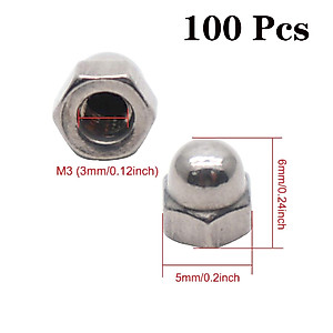 M3-0.5 Metric Acorn Cap Nuts Dome Head Nuts, 304 Stainless Steel 18-8, Plain Finish,Hex Acorn Cap,Nuts Decorative Nut Caps (100 Pcs)