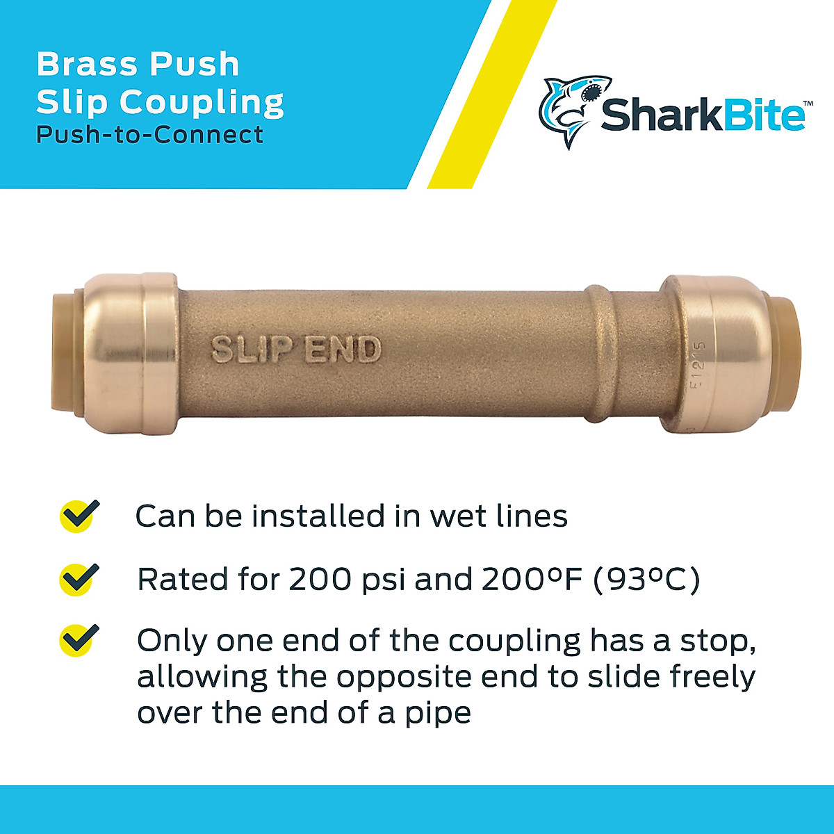 SharkBite 1/2 Inch Slip Coupling, Push to Connect Brass Plumbing Fitting, PEX Pipe, Copper, CPVC, PE-RT, HDPE, U3008LFA