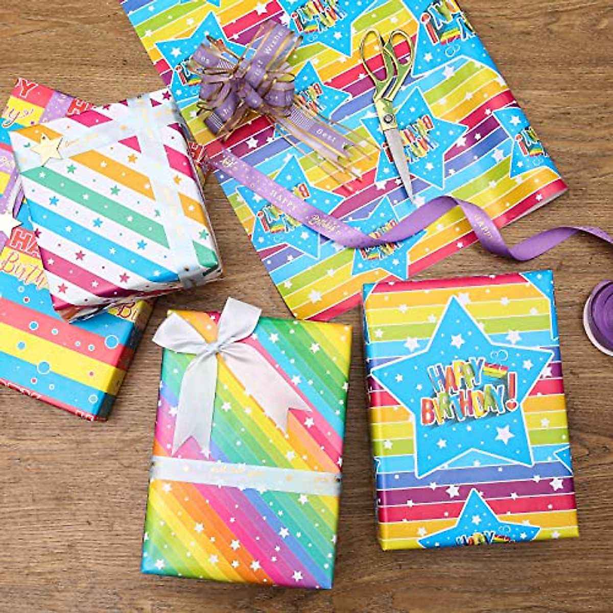 THMORT Birthday Wrapping Paper for Kids, Boys&Girls, Adults. Gift Wrapping Paper With Star, Rainbow stripe line Happy Birthday 4 Colorful Designs for Baby Shower, Holiday, Party Pack of 12 Sheets 20 X 29 Inch