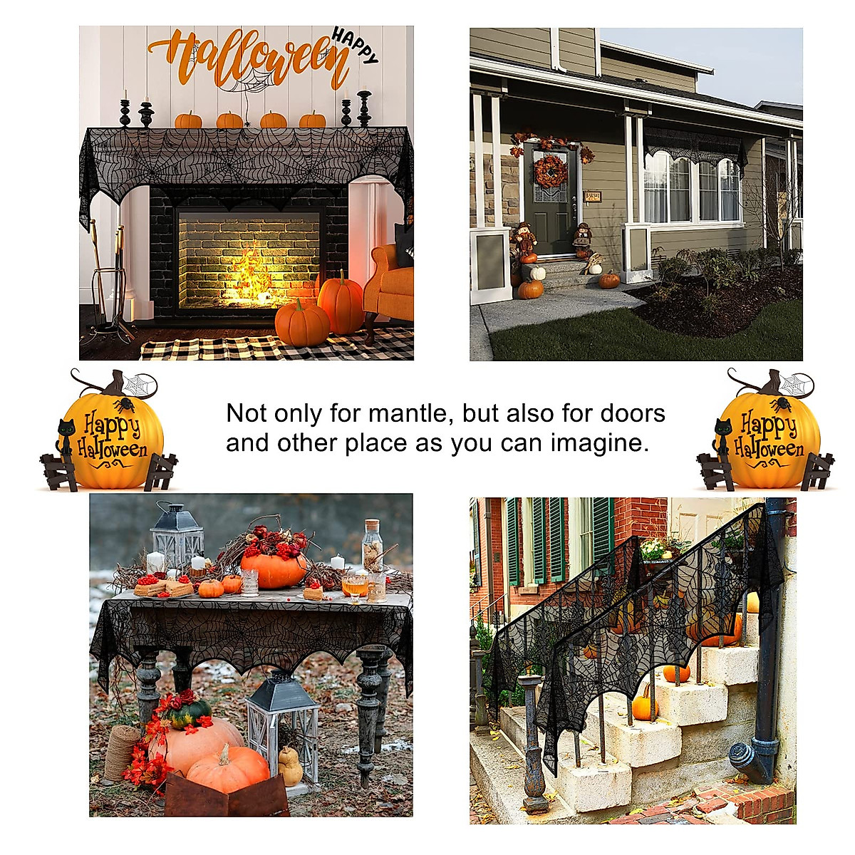 CACCO Halloween Fireplace Mantle Decorations,Black Lace Spiderweb Fireplace Mantle Scarf Cover Garland Festive Party Supplies 45 X 248cm 18 x 98 inch (Black)