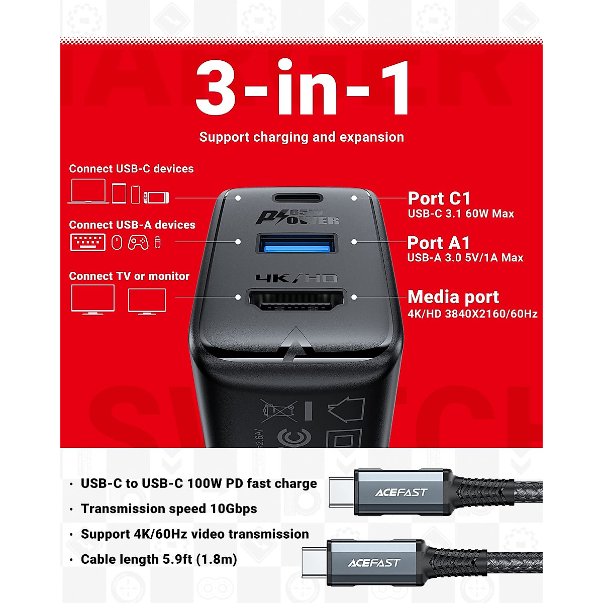 ACEFAST GaN PD65W 3 Port(USB C+USB A+4K/HD) Fast Charger Hub for Nintendo Switch, USB C 3.1 Laptops, Tablets, Foldable AC Plug Power Adapter Compatible with MacBook, Switch, HP, Acer, Samsung, ASUS