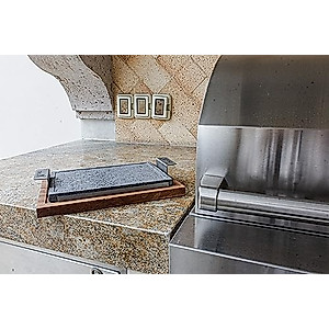 Comal Grill and Serve - 20 x 30 cm Volcanic Stone with Steel Handle Includes Wooden Base