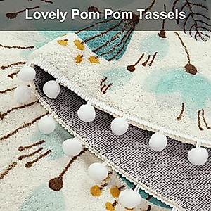 Uphome Round Rug for Bedroom 4' Circle Cute Area Rug with Pom Poms Fringe Floral Plant Washable Throw Rugs Non-Slip Soft Floor Mats for Entryway Laundry Living Room Kids Room Nursery