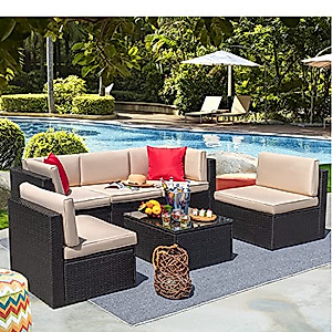Devoko Patio Furniture Sets 6 Pieces Outdoor Sectional Rattan Sofa Manual Weaving Wicker Patio Conversation Set with Glass Table and Cushion (Beige)